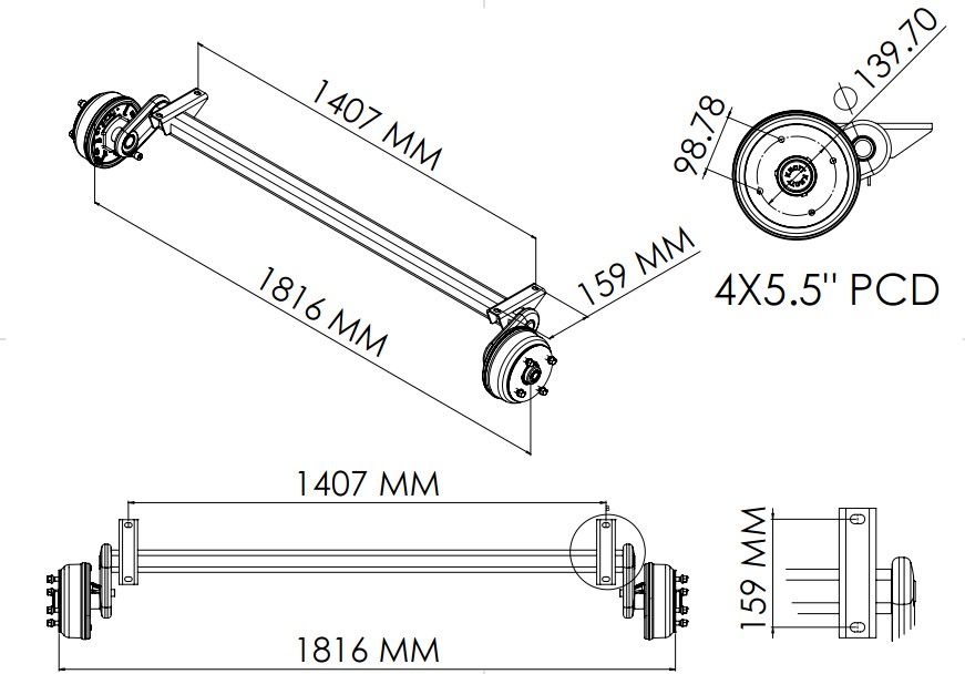 Axle 1300kg 1405mbc 1816ohf 4×5.5pcd Braked – Snipe Trailers